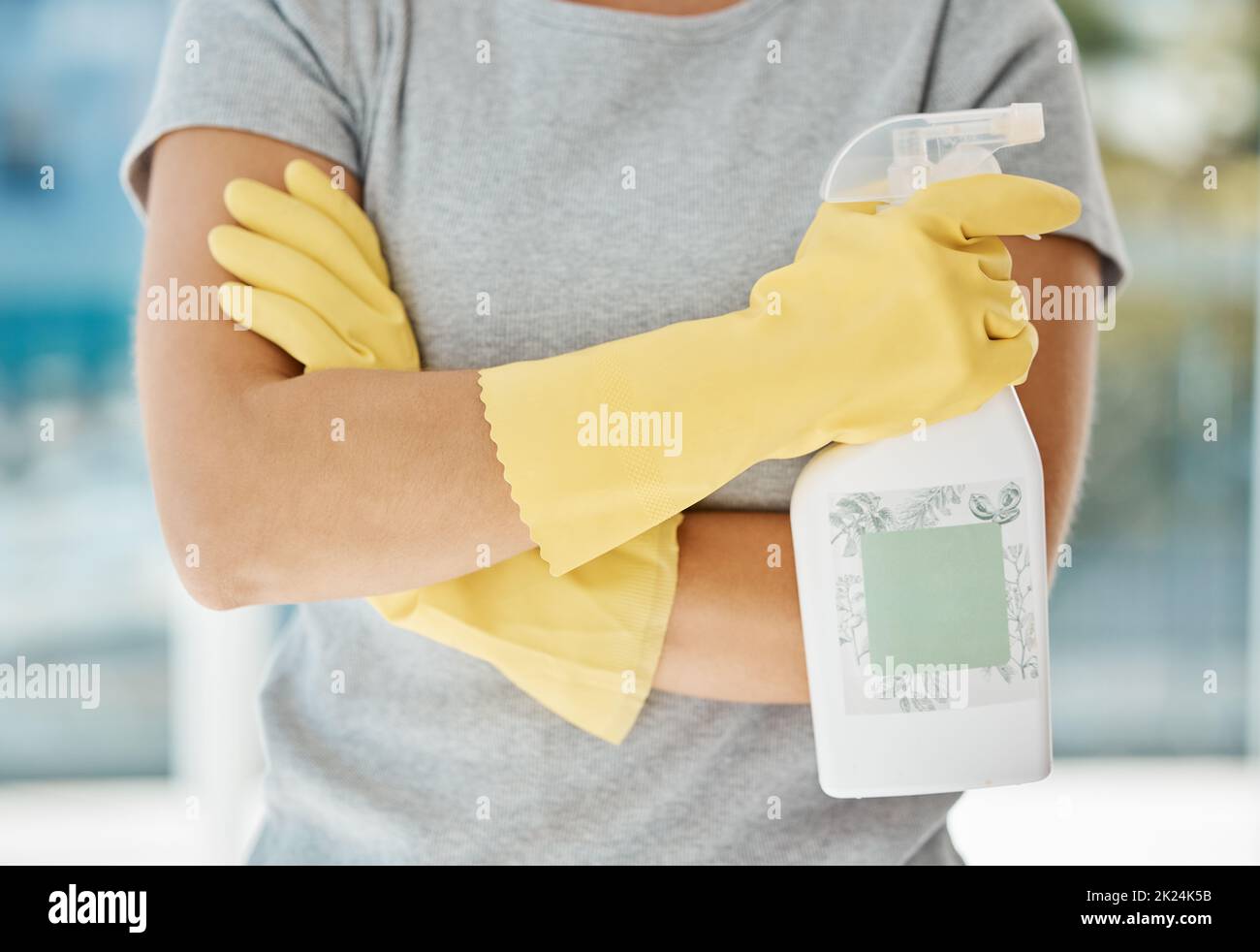 Cleaning service hands of woman or girl home cleaner with safety gloves ...