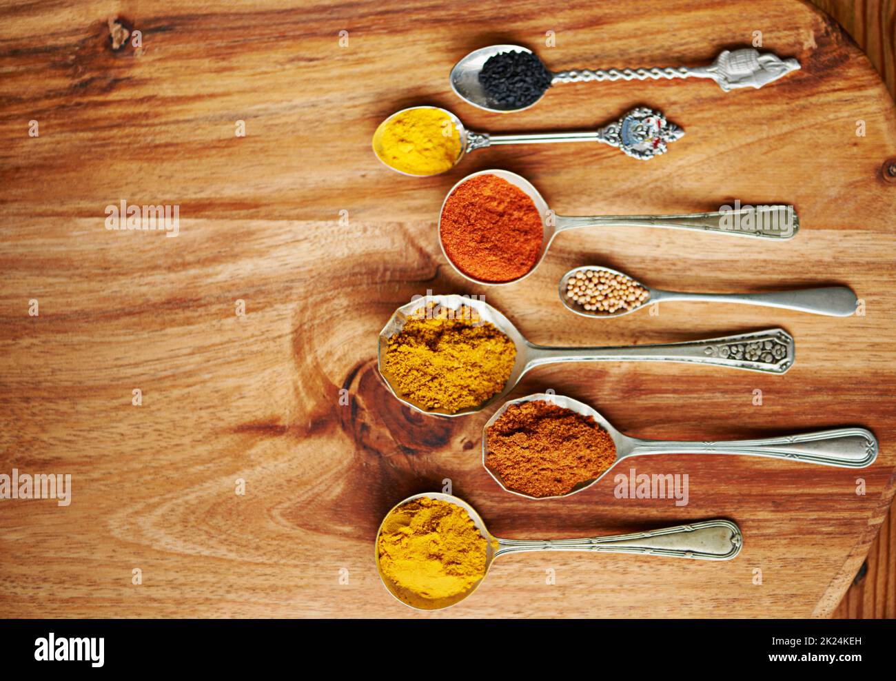 Adding heat to your favorite dish. spoons filled with a variety of ...