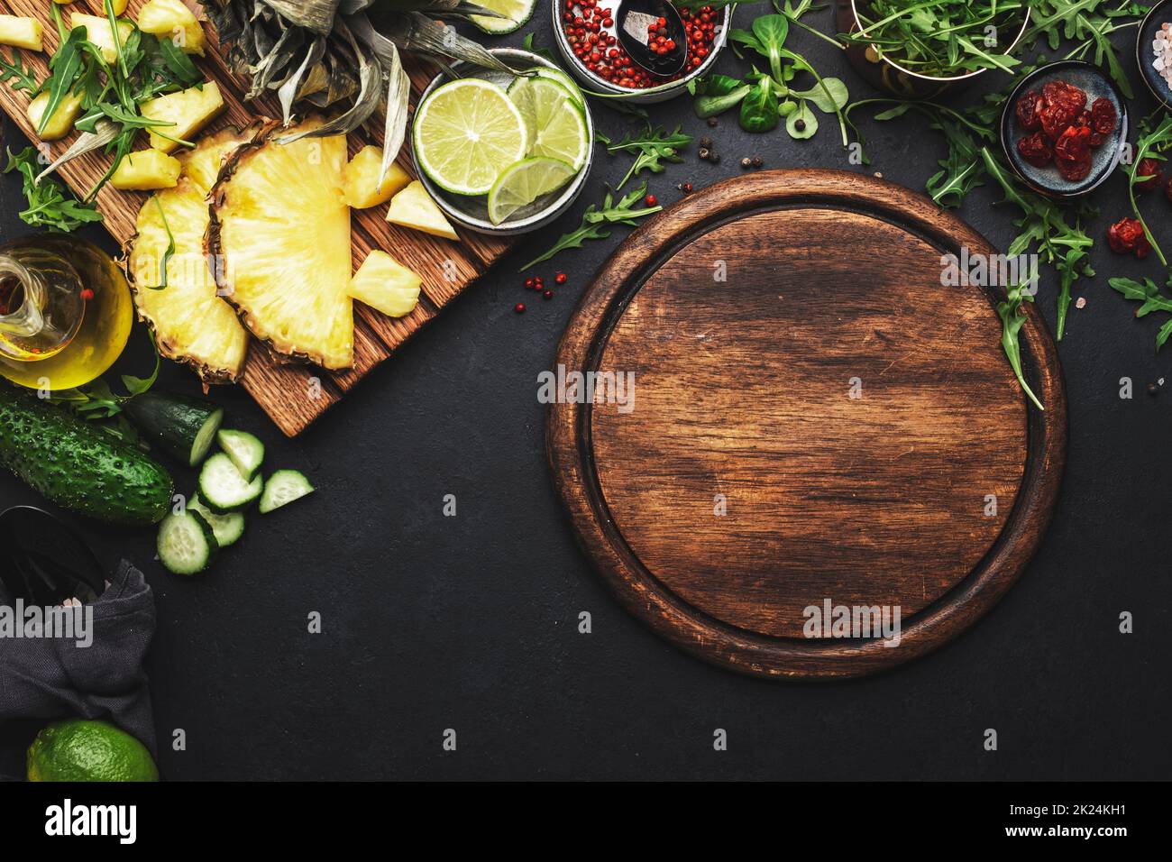 Healthy clean eating food layout and diet nutrition concept. Pineapple ...