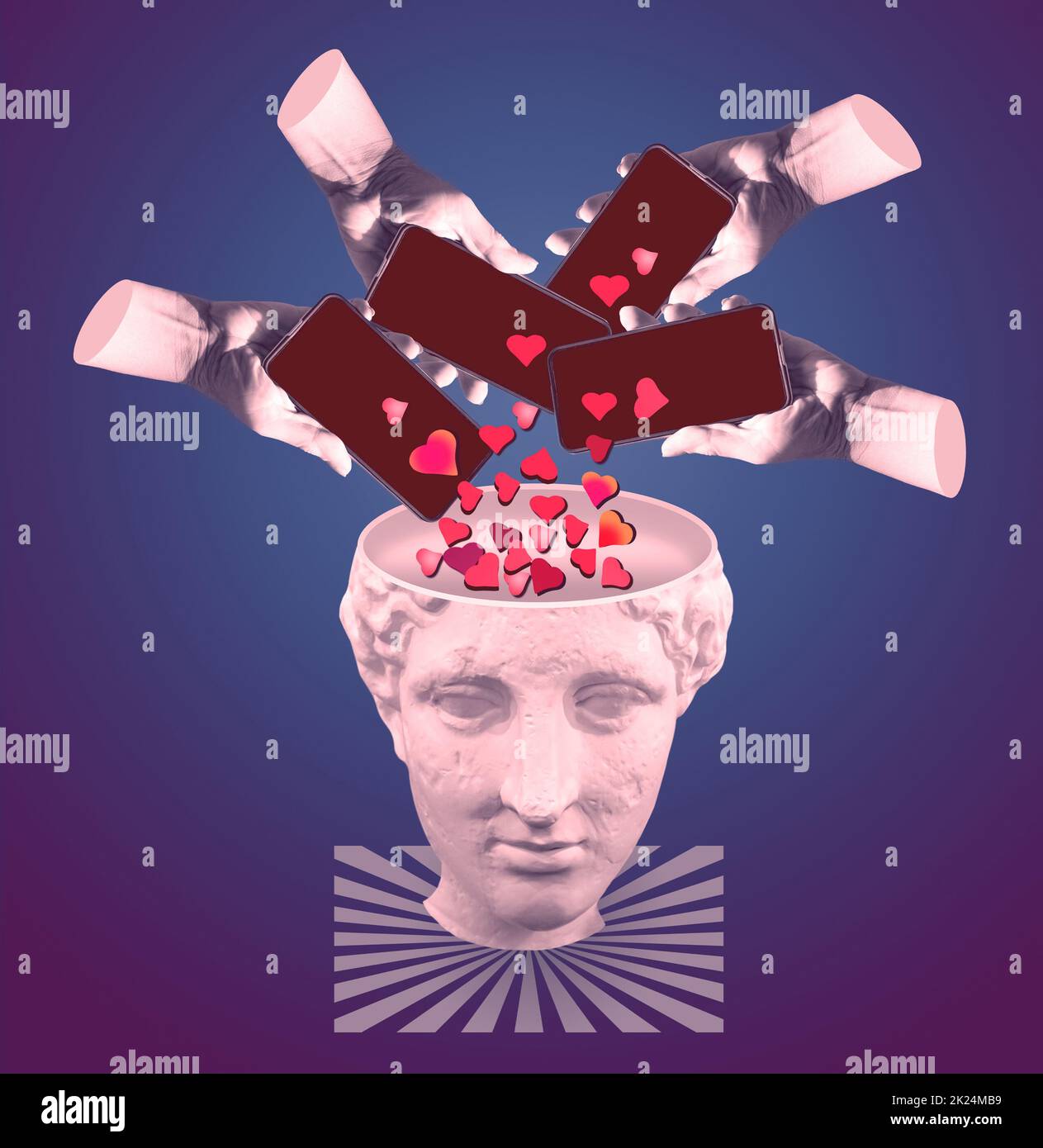 Modern gadget and classic statue. Hands aesthetic on bright background ...