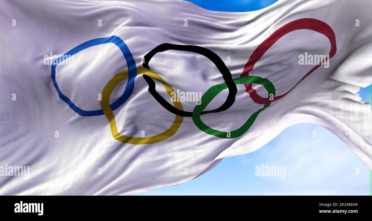 Baijing, CHN, february 2022: white flag with the five Olympic rings ...
