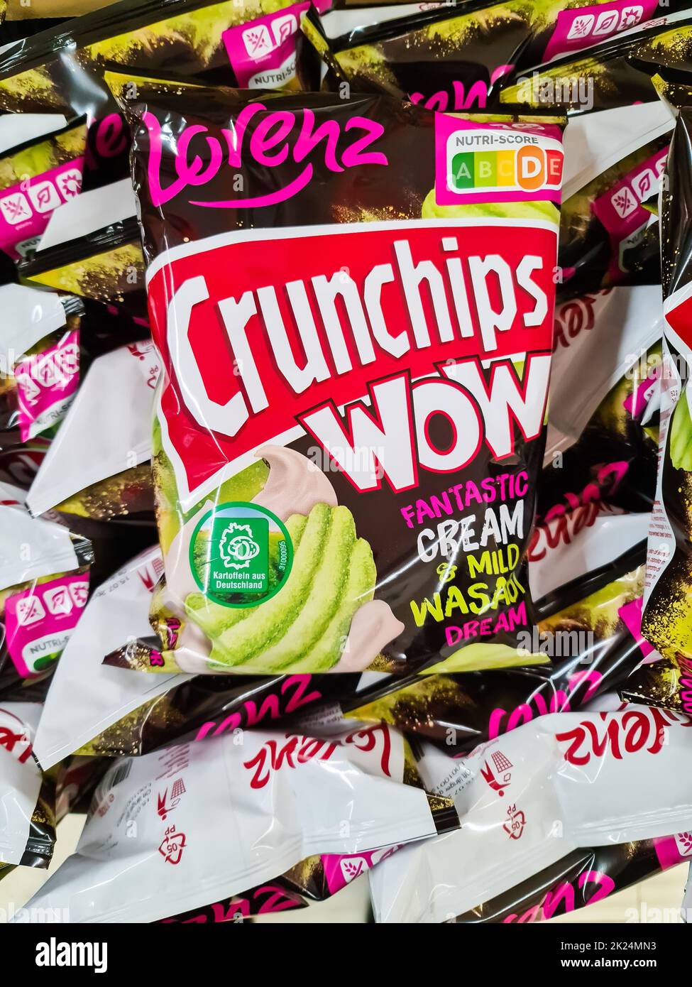 Kiel, Germany - 24.Feburary 2022: Many Lorenz brand spicy wasabi chips ...