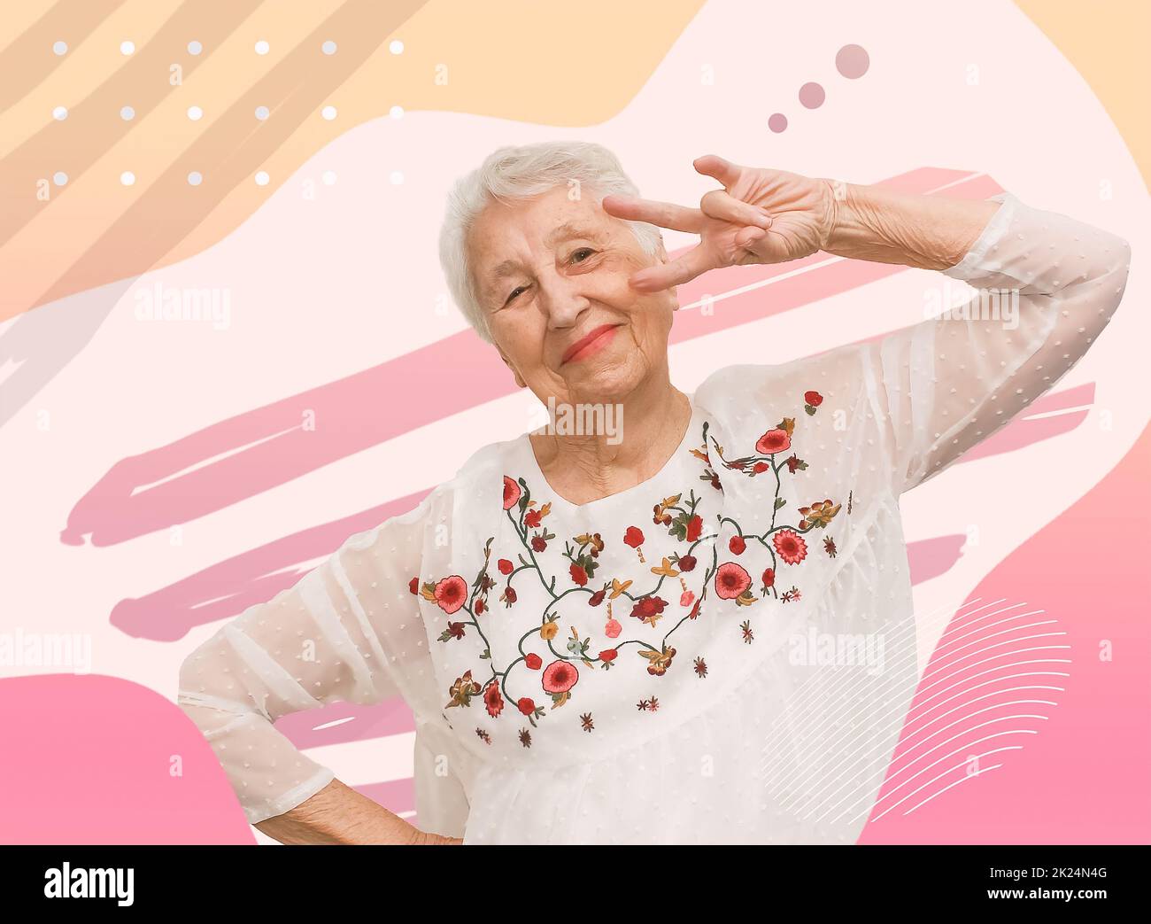 Old smiling woman with happy expression on her face on art studio ...
