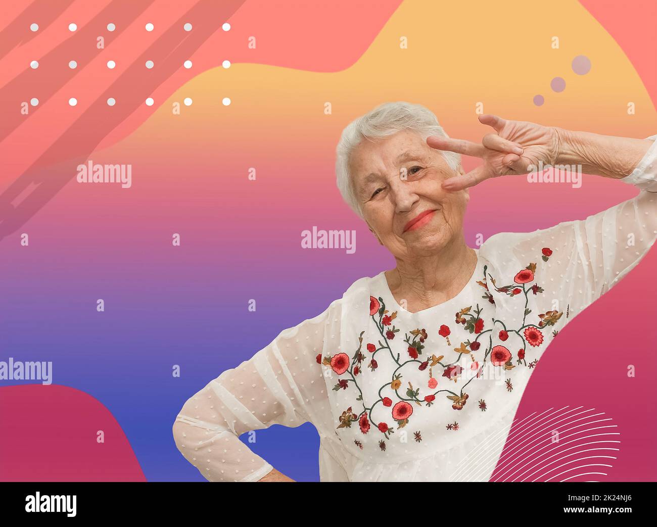 Old smiling woman with happy expression on her face on art studio ...