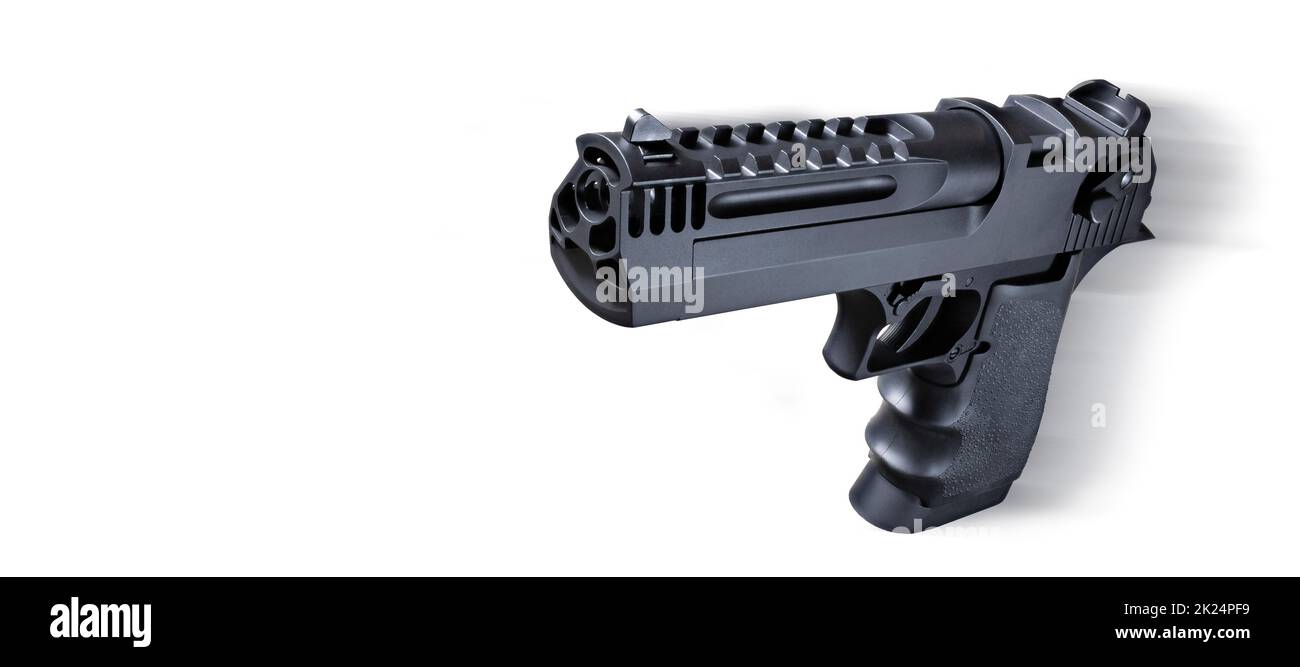 Pistol in motion on white with copy space to the left Stock Photo - Alamy