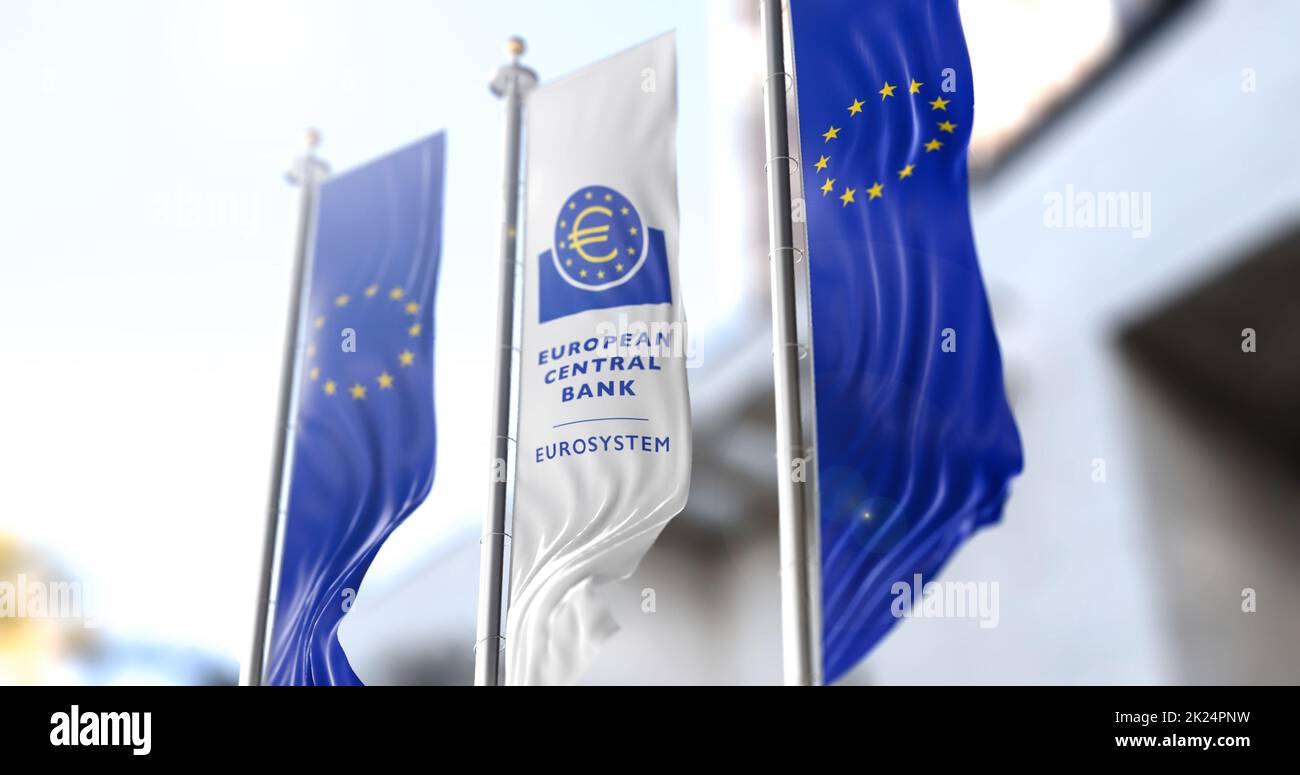 Frankfurt, Germany, February 2022: European flags waving in the wind ...
