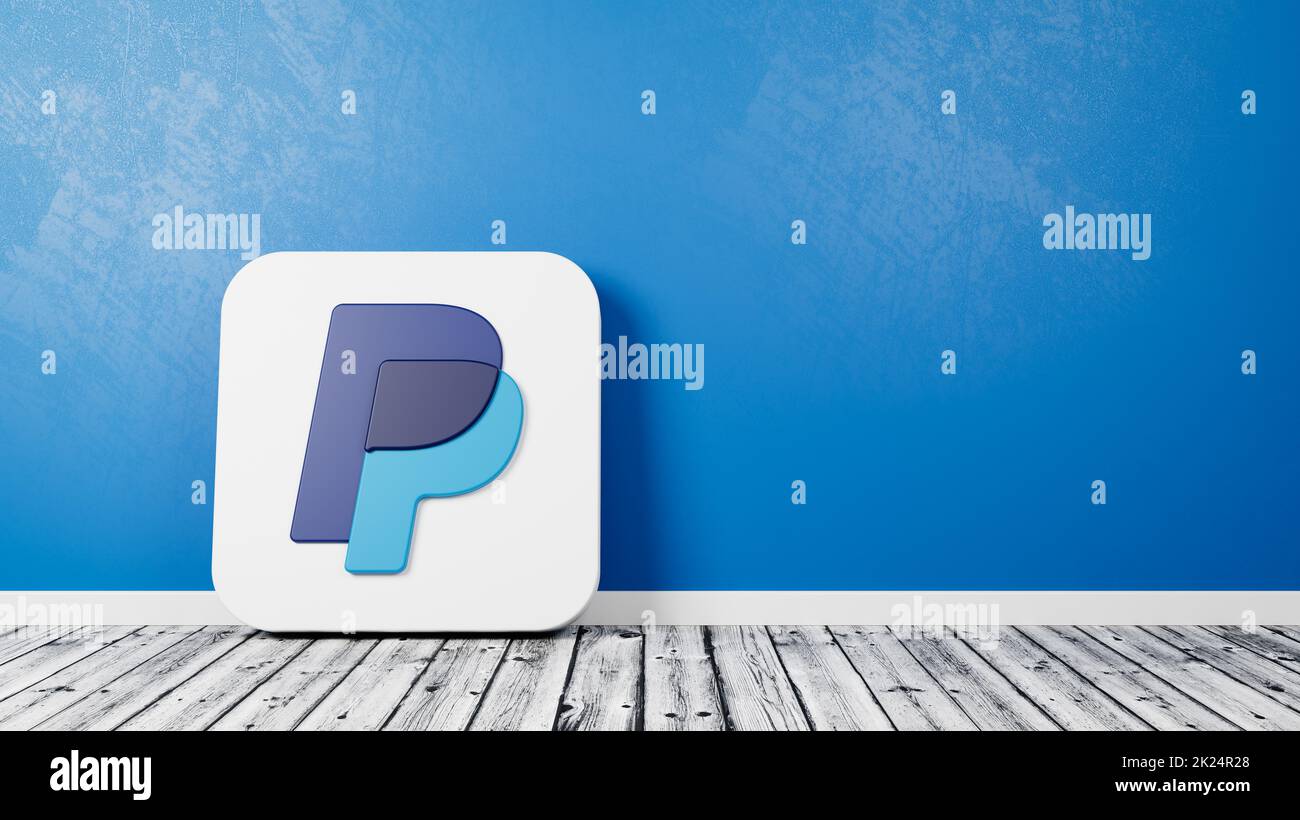 Paypal Logo Icon 3D Symbol Shape on Wooden Floor Against Blue Wall with ...