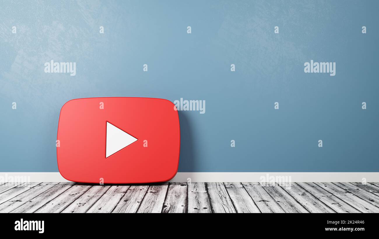 Youtube Logo 3D Symbol Shape on Wooden Floor Against Blue Wall with ...