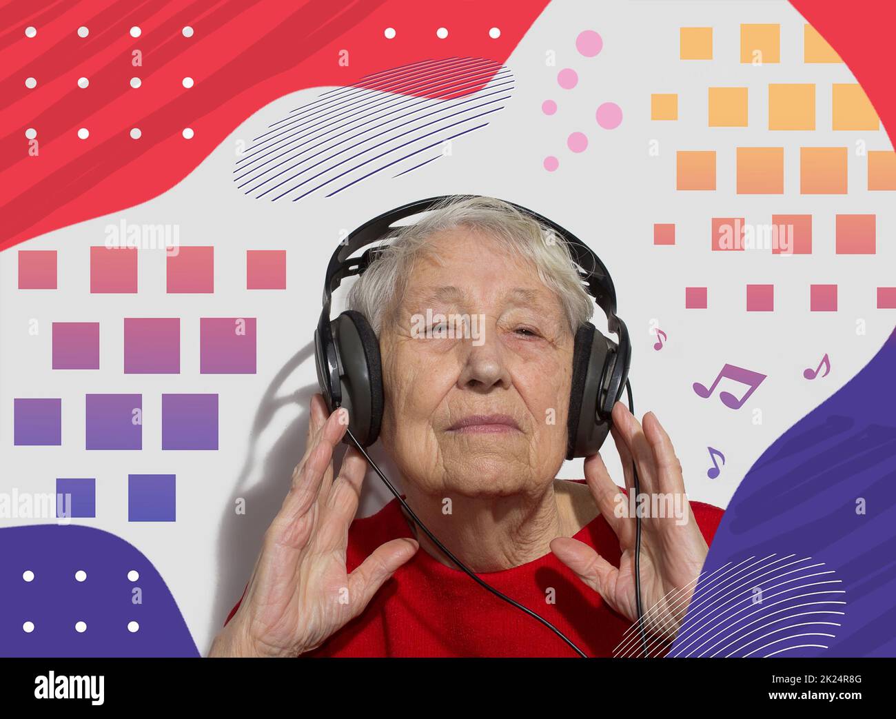 Funny old woman in headphones listening to music Stock Photo - Alamy