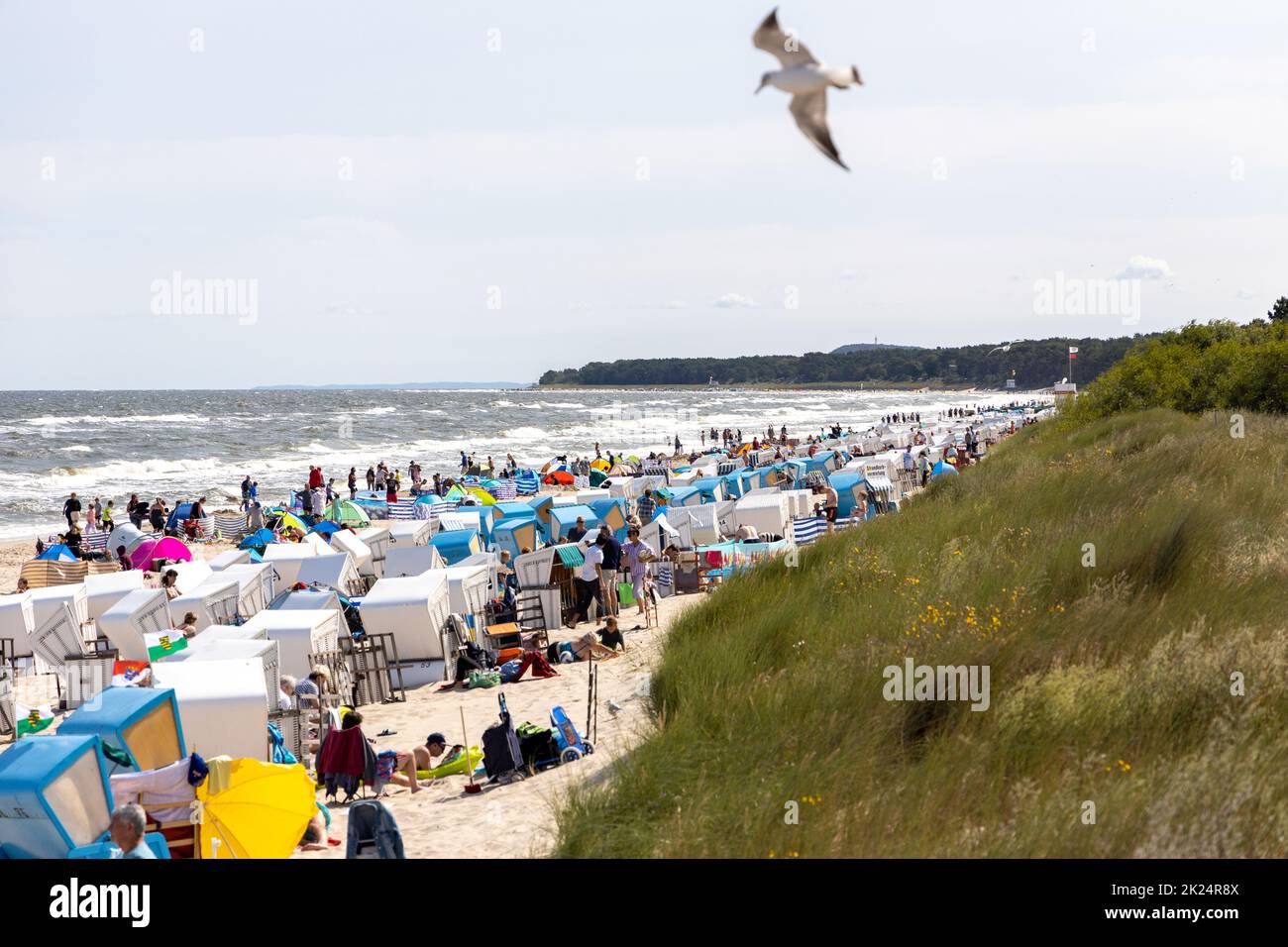 The view of the beach of Zempin on the island of Usedom with many beach ...