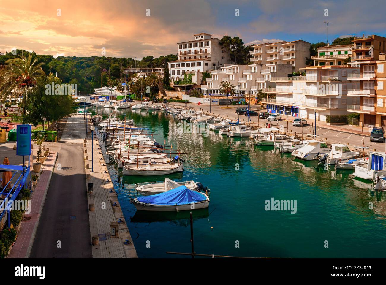 Porto Cristo aerial view with harbor, sail ship on a river sourrounded ...