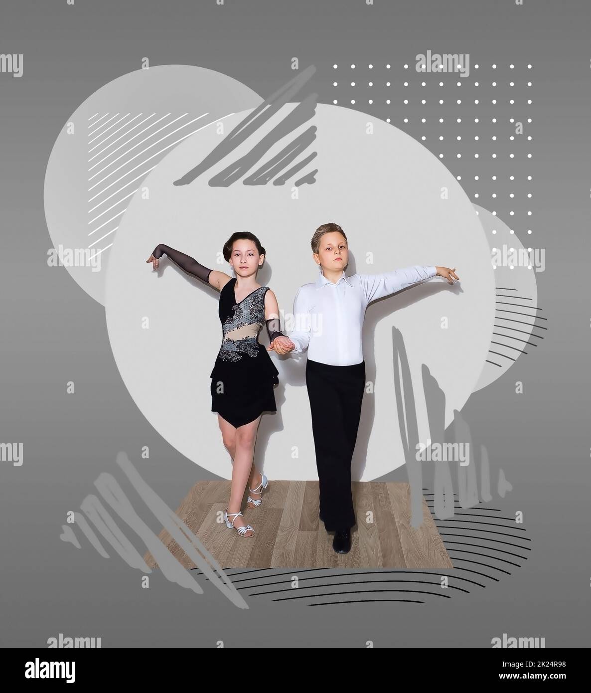 The young boy and girl posing at dance studio on abstract art design ...