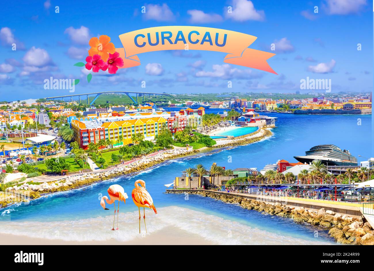 Collage with aerial panorama of Willemstad town in Curacao - The island ...