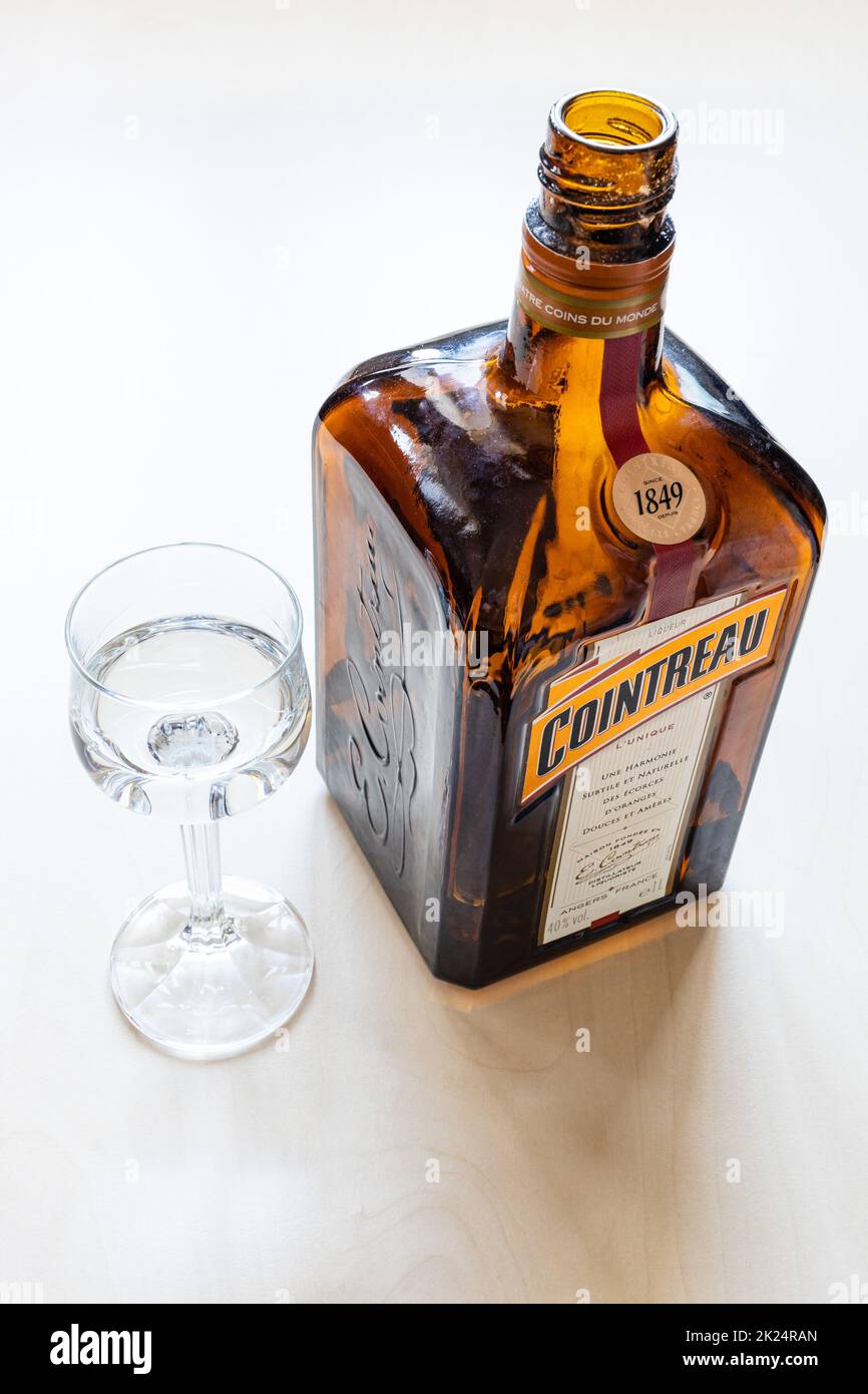 Moscow, Russia - March 20, 2022: liqueur glass and bottle of french ...