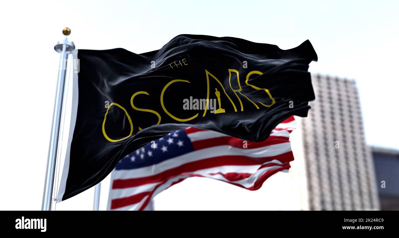 Hollywood, CA, USA, March 2022: the flag with the Academy Awards logo ...