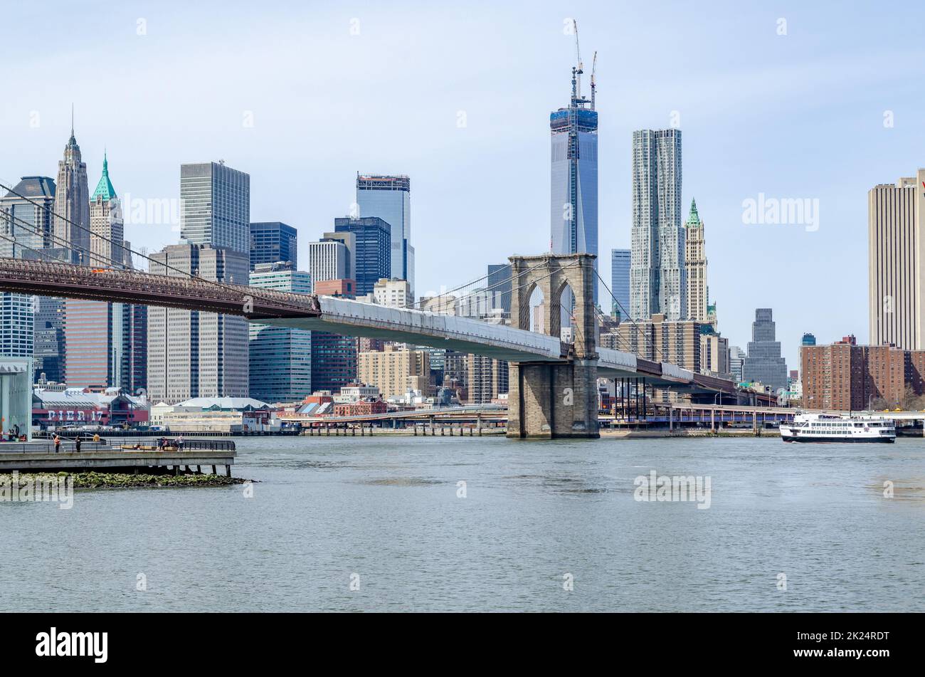Brooklyn Bridge New York City with construction area on the bridge with ...