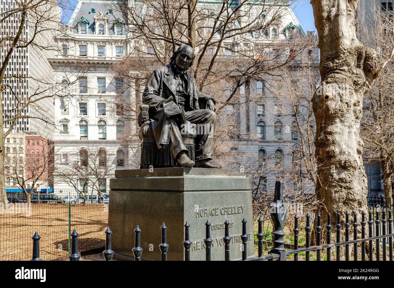 Statue Monument of Horace Greeley, New York City, low angle front view ...