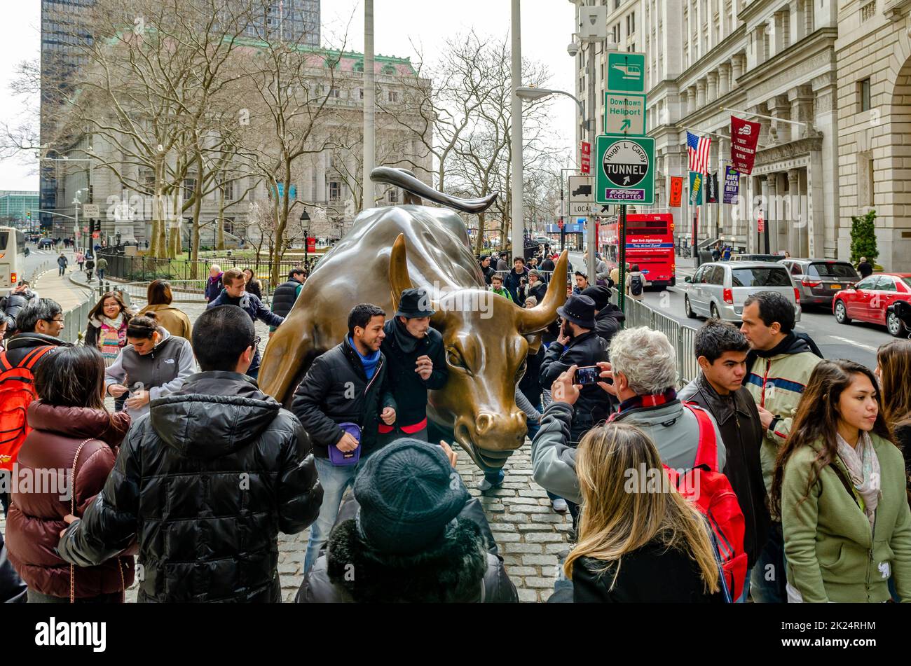 Bull and Bear, Bull Statue Monument at New York Stock exchange with ...