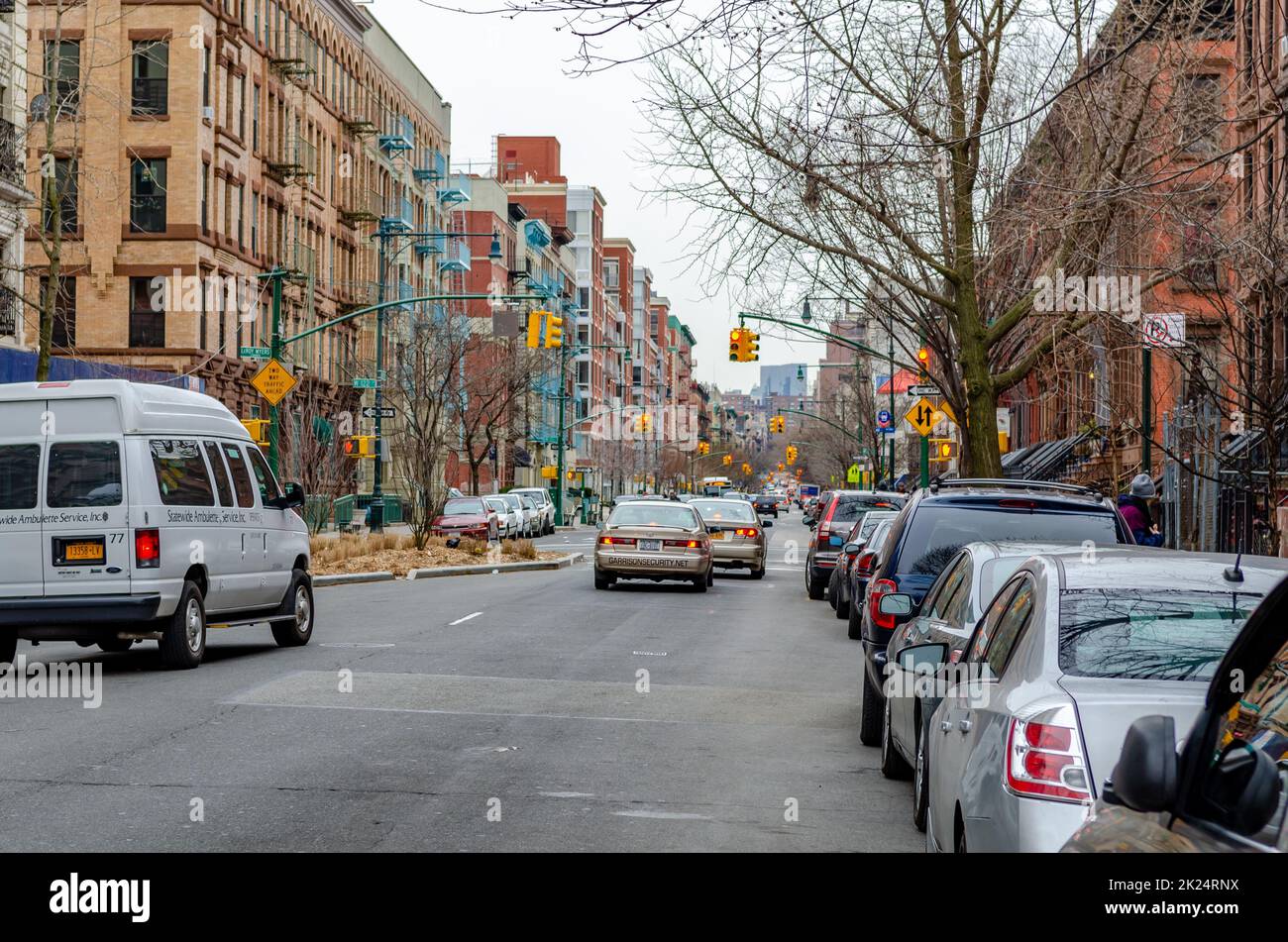 Residential Area, City street with traffic in Harlem, lots of red ...