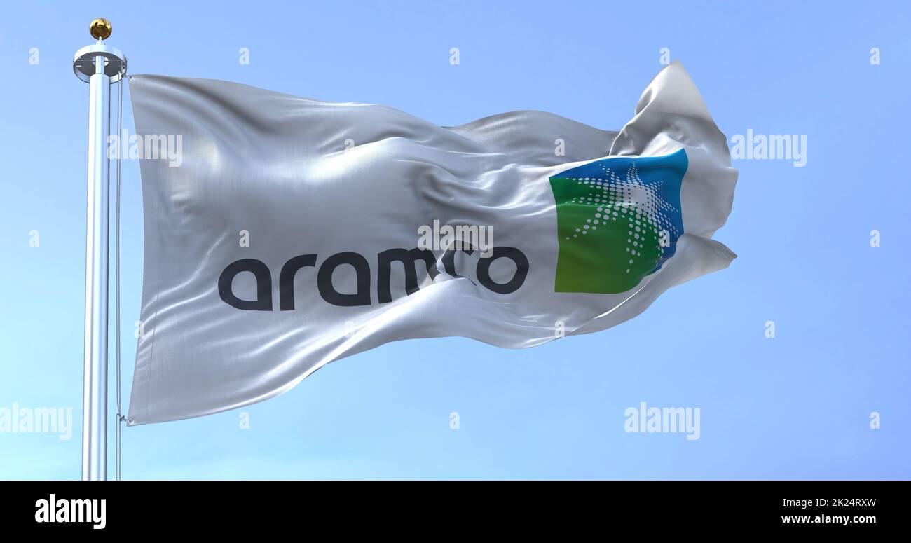 Dhahran, SA, March 2022: The flag of the Aramco oil company waving in ...