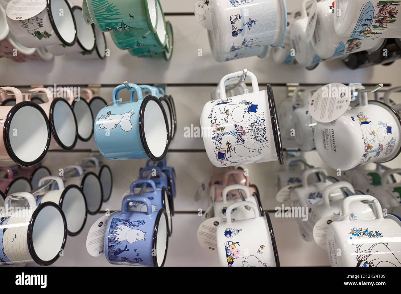 Ivalo, Finland - Circa 2022: Moomins themed mugs on sale at the airport ...