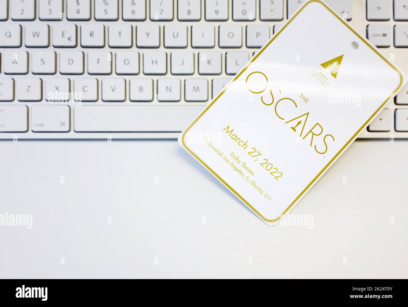 Hollywood, CA, USA, March 2022: White badge with the Academy Awards ...