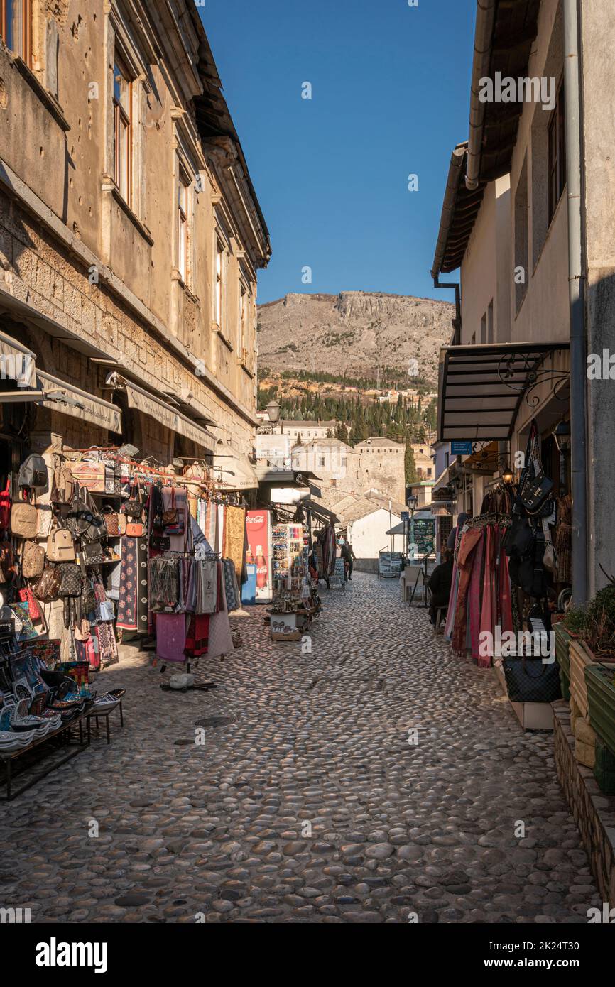 Mostar, Bosnia & Herzegovina, March 2022 - Old cobblestone street in ...