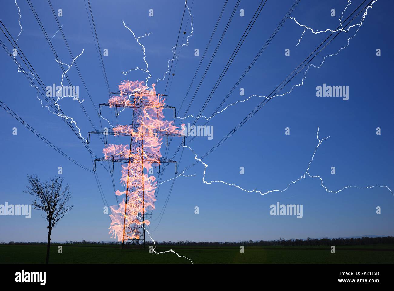 single burning electricity pylon with many bright lightnings ...