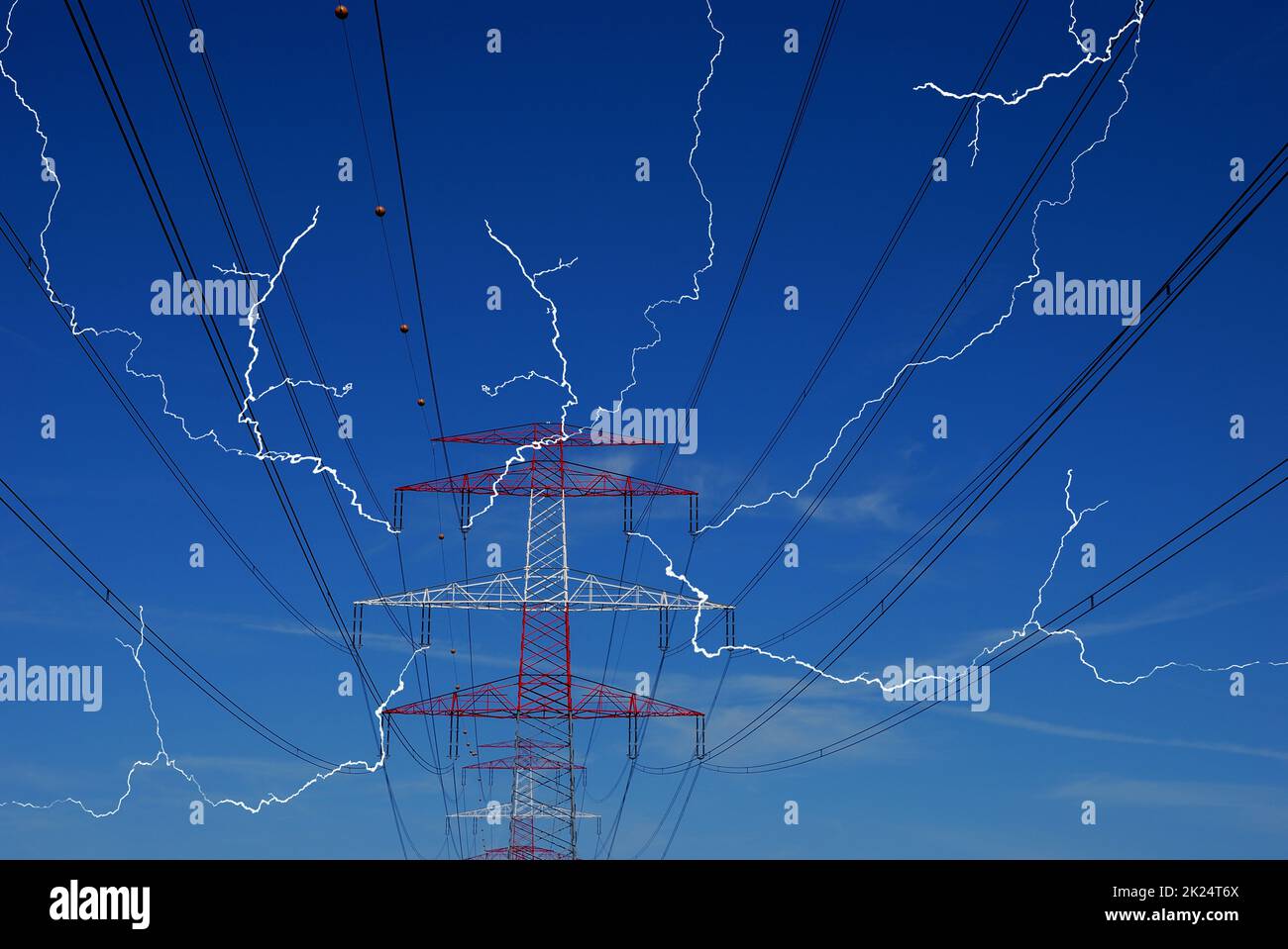 many colorful electricity pylons with many bright lightnings ...