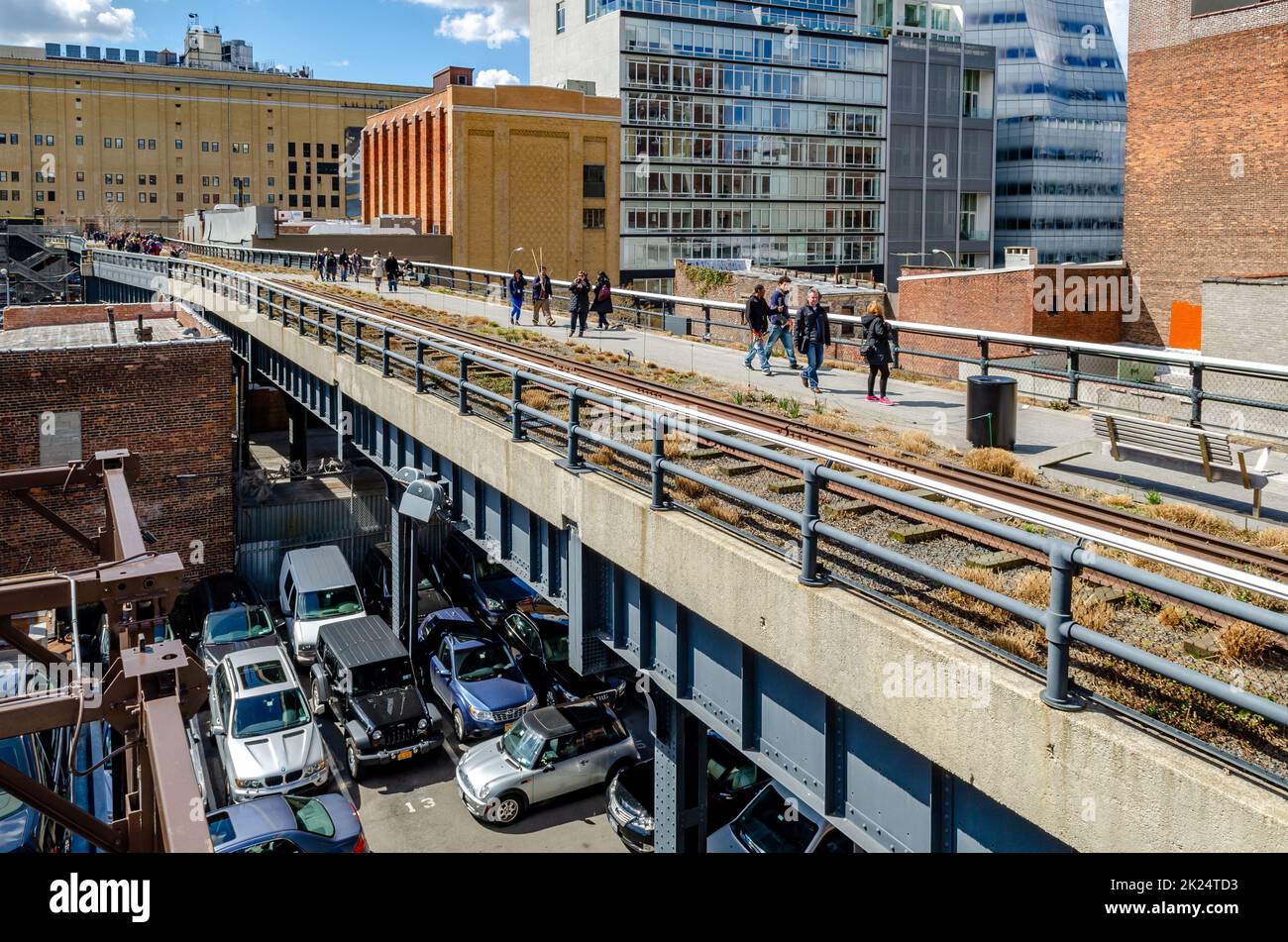 The High Line Rooftop Park, New York City with railroad track and ...