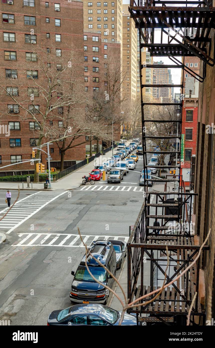 Chelsea City Street, New York City aerial view with emergency staircase ...