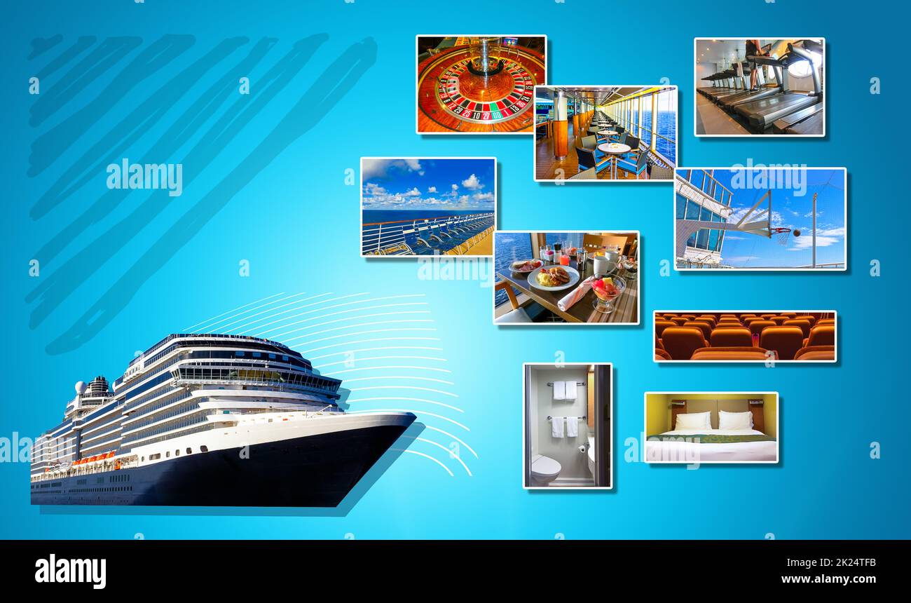 Collage about abstract cruise ship and sport activity. Happy cruise and ...