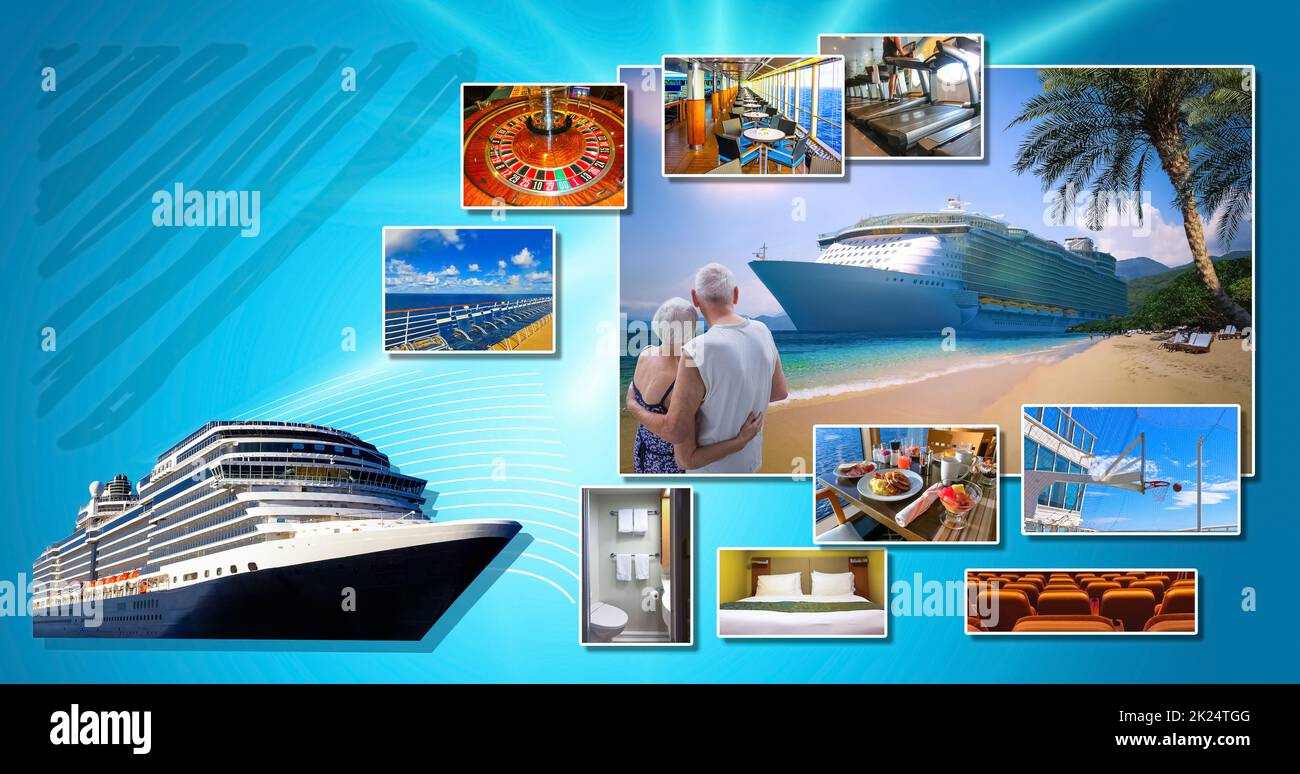 Collage about abstract cruise ship and sport activity. Happy cruise and ...