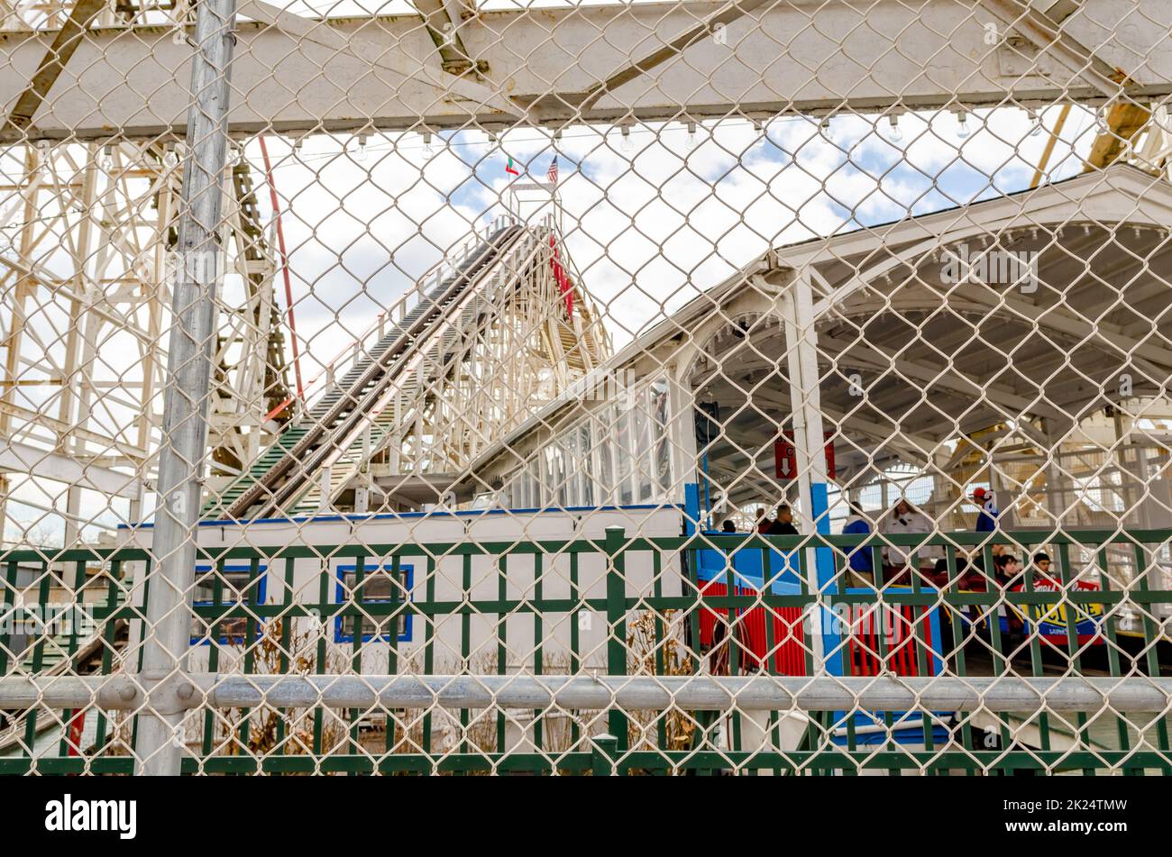 Cyclone Wooden Rollercoaster at Coney island, view of the station and ...
