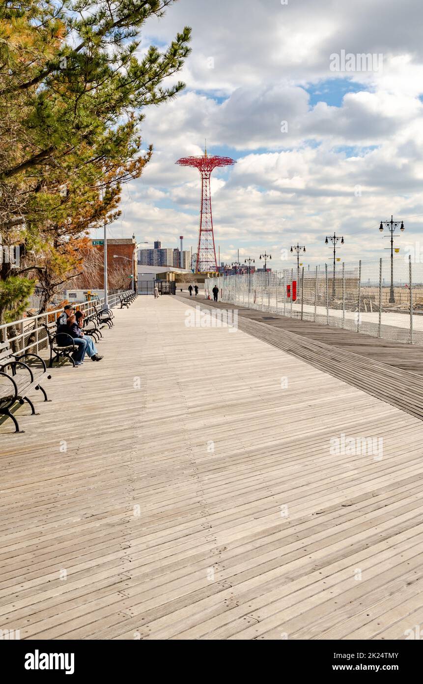 Beach Promenade at Coney island, boardwalk with lots of Benches, red ...