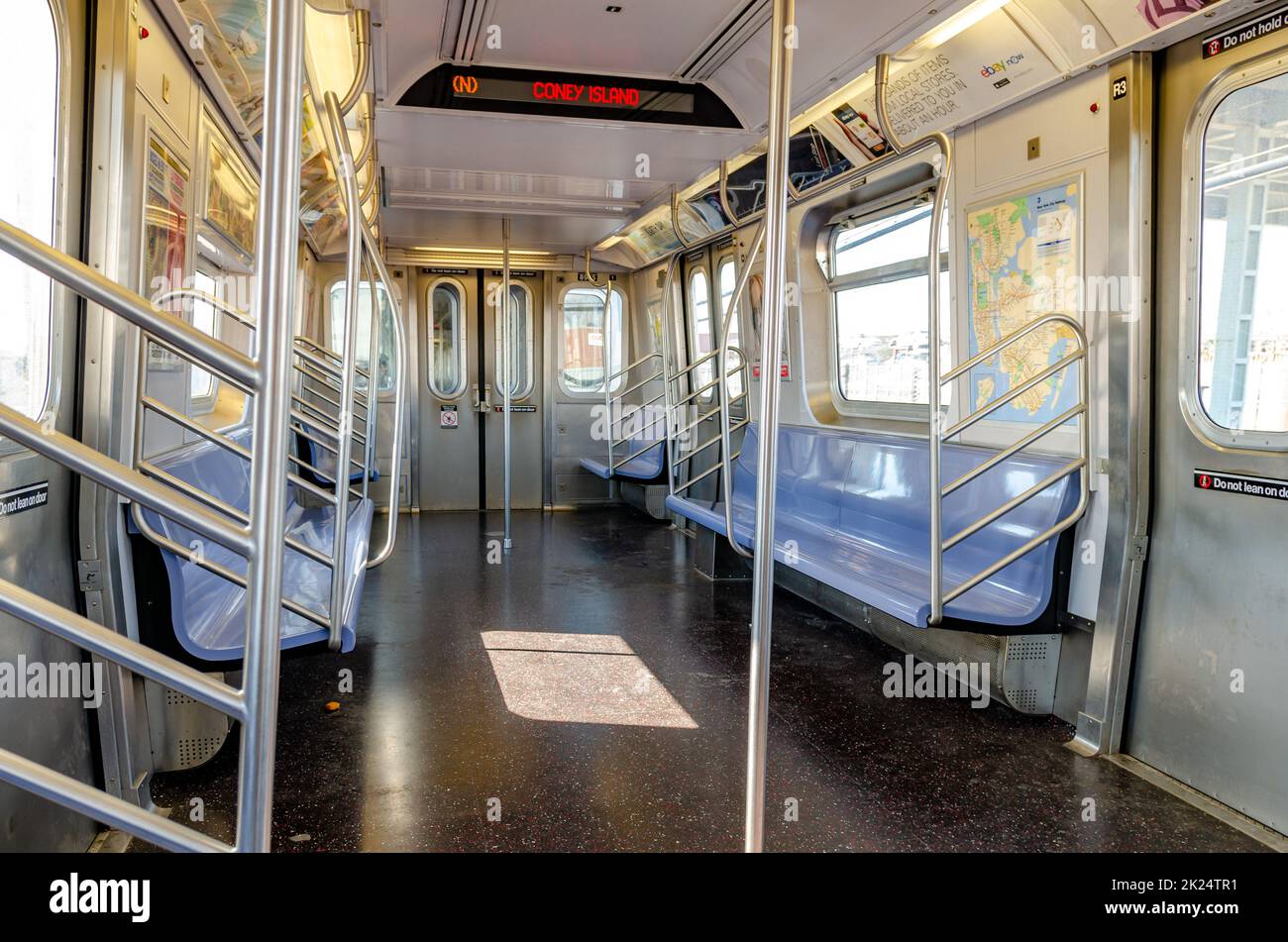 Subway New York City indoors, empty, destination to Coney island ...