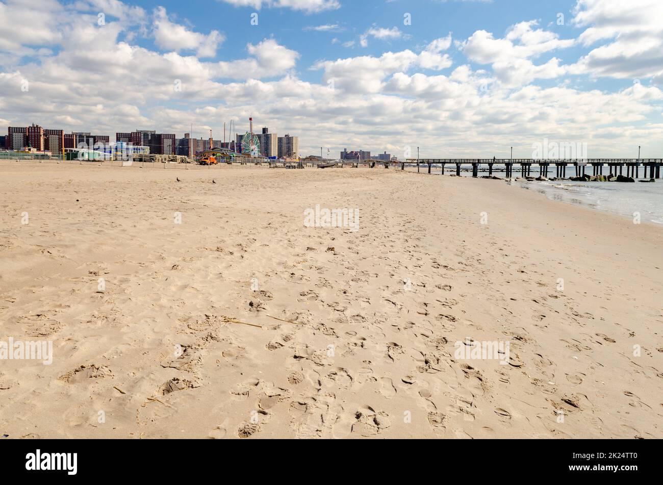 Empty Beach during sunny winter day at Coney island, Brooklyn with Pat ...