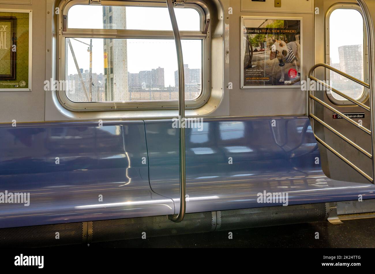 Empty blue Benches in Subway close-up, view from the front, New York ...
