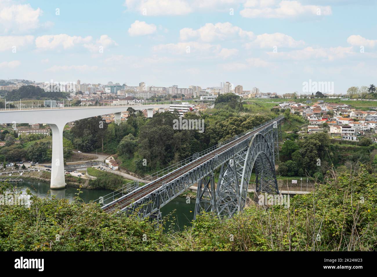 Porto, Portugal. March 2022. Maria Pia bridge over the Douro river ...