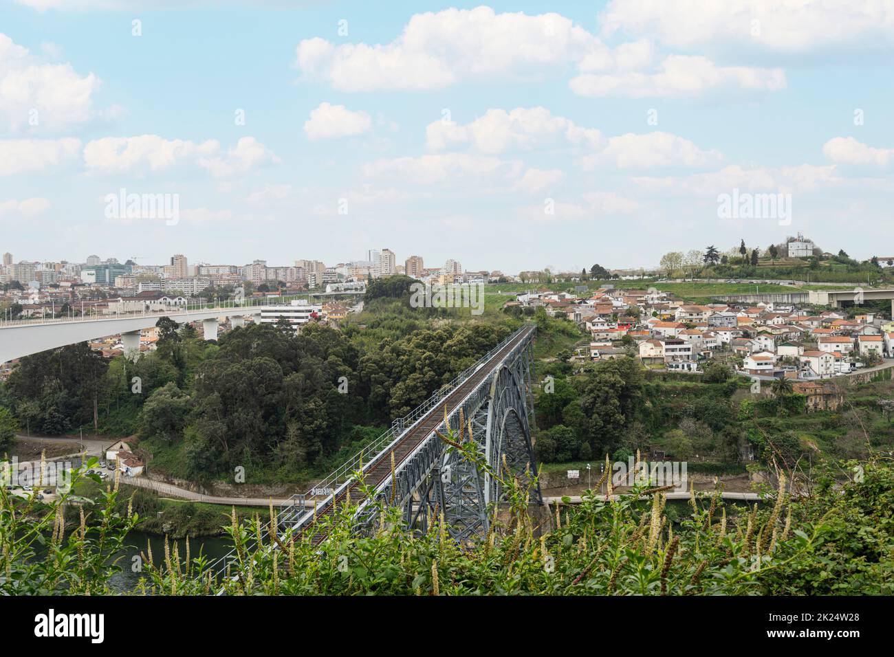 Porto, Portugal. March 2022. Maria Pia bridge over the Douro river ...