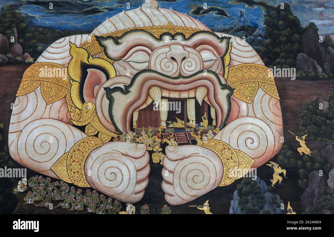 BANGKOK, THAILAND - DECEMBER 5, 2015 : Ancient Thai mural painting of ...