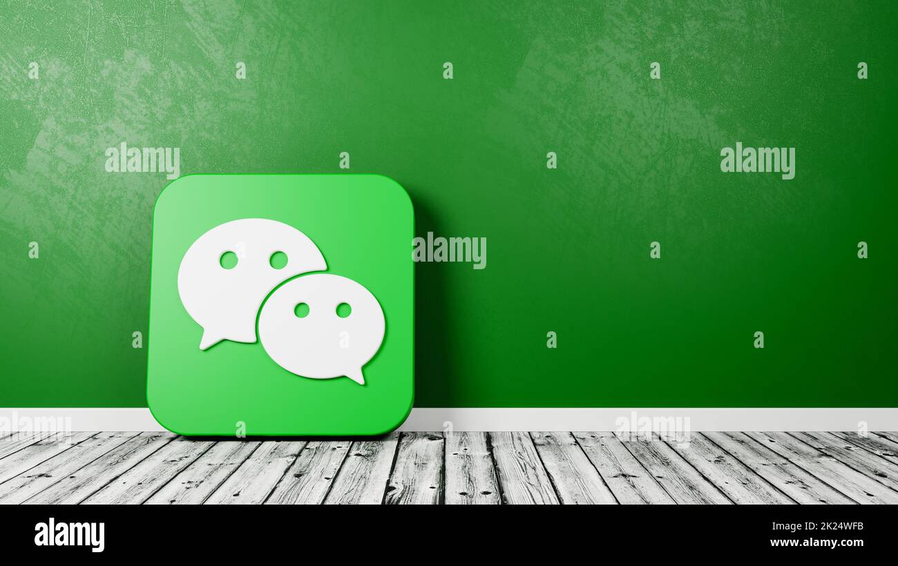 Wechat App Icon 3D Symbol Shape on Wooden Floor Against Green Wall with ...