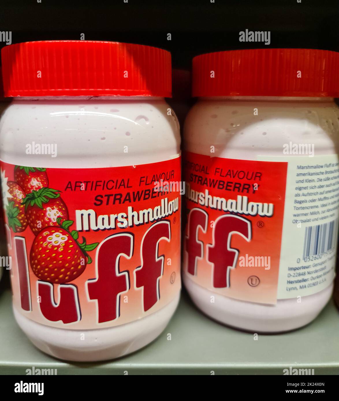 Kiel, Germany - 16. April 2022: Red jars of Fluff brand marshmallow ...