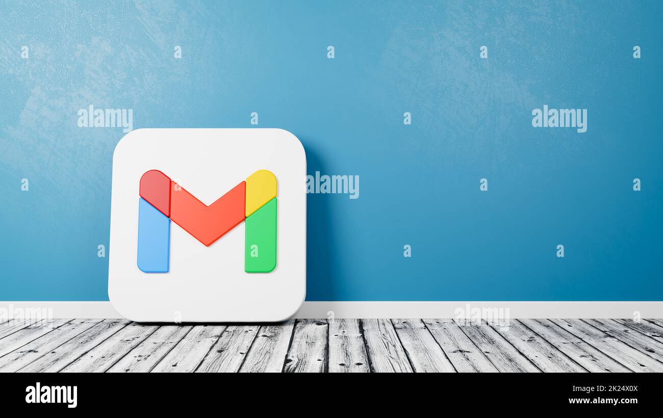 Gmail App Icon 3D Symbol Shape on Wooden Floor Against Blue Wall with ...