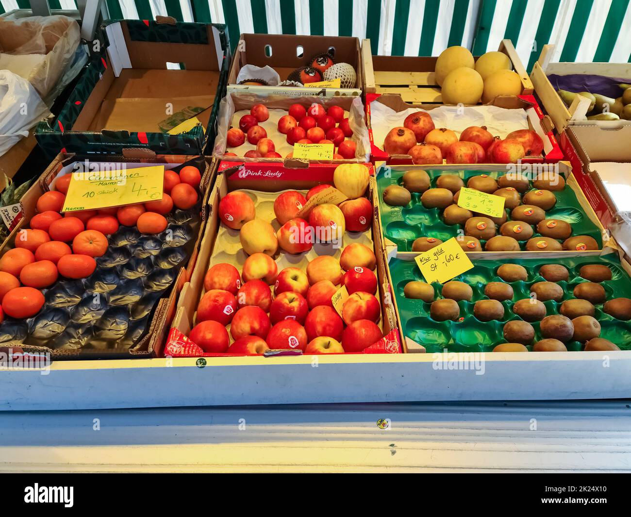 Neumuenster, Germany - 16. April 2022: A market stall with different ...