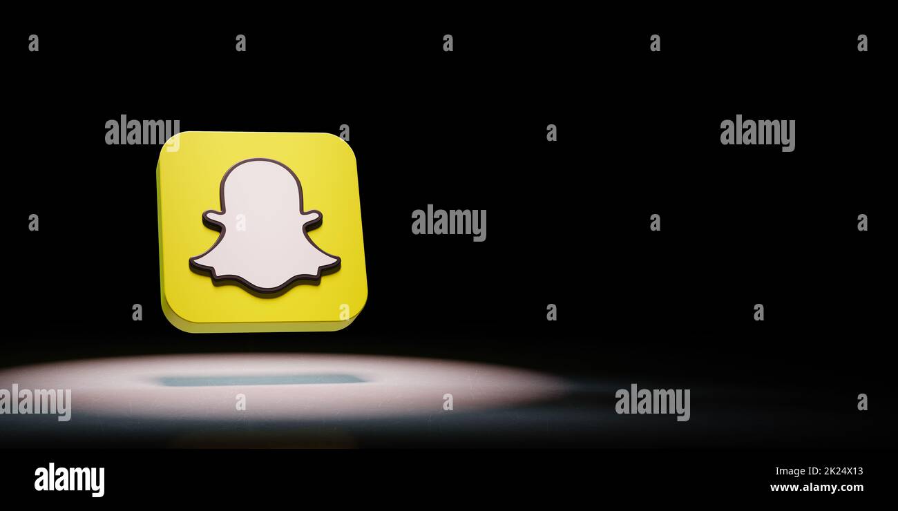 Snapchat Logo 3D Symbol Shape Spotlighted on Black Background with Copy ...
