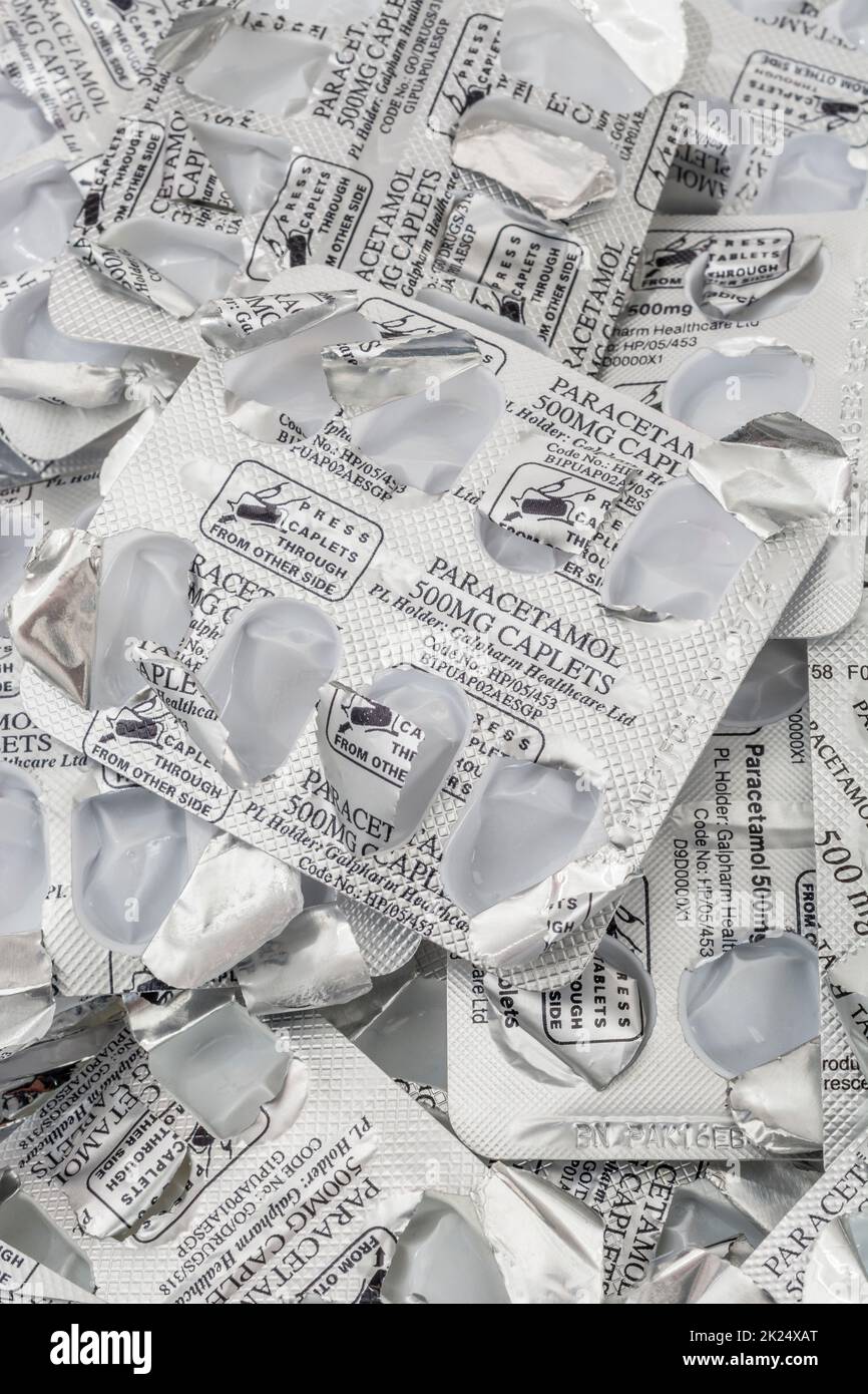 Pile of empty blister-packed pills of pain killer drug Paracetamol ...