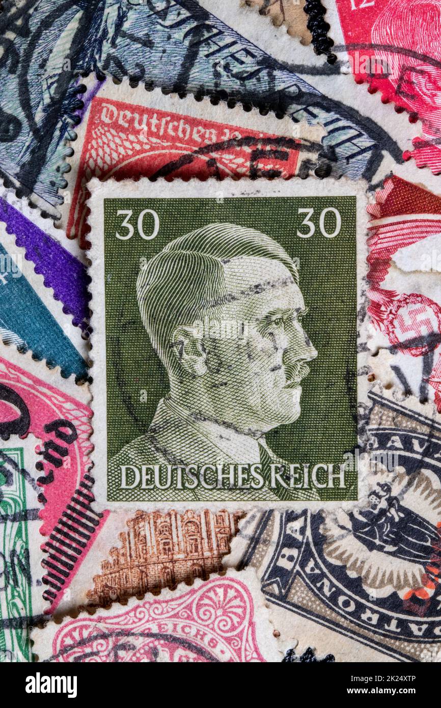 Potsdam, Germany - APR 26, 2022. A stack of old German stamps from the ...