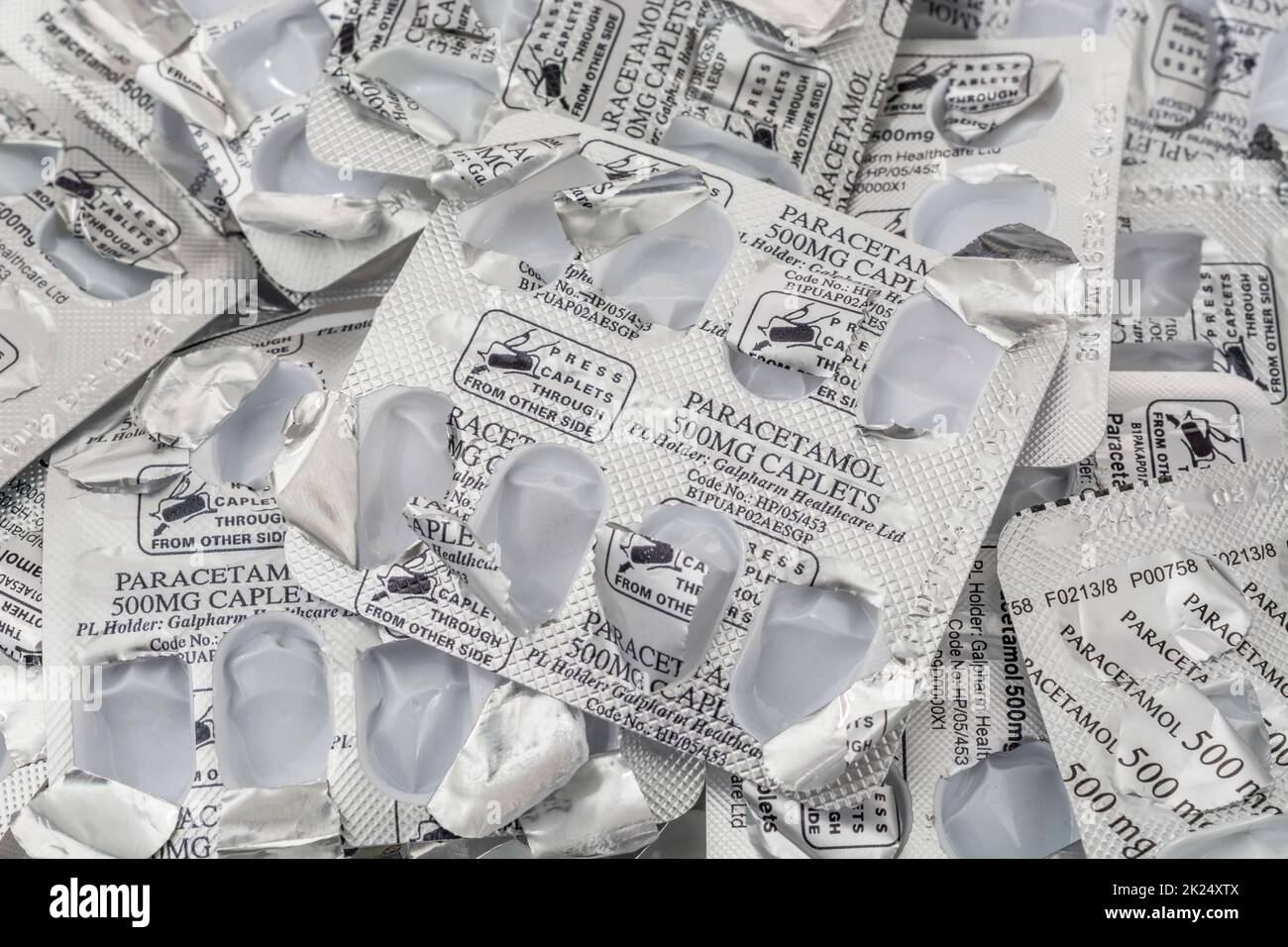 Pile of empty blister-packed pills of pain killer drug Paracetamol ...