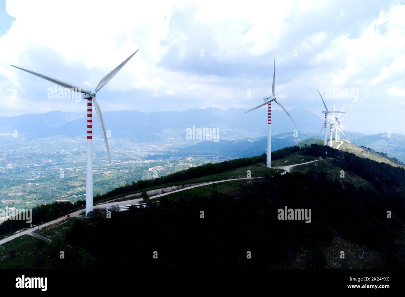 A wind turbine in the wind farm in the province of Benevento, southern ...